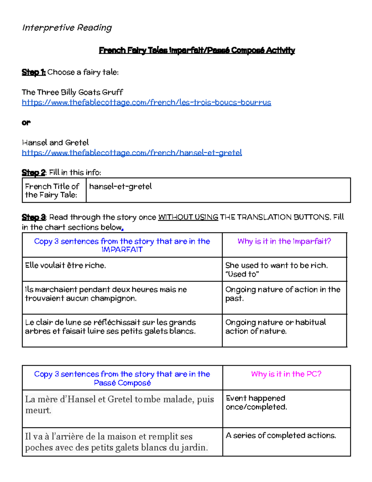 French Fairy Tales Imparfait/Passé Composé Activity - Student 1 - Studocu