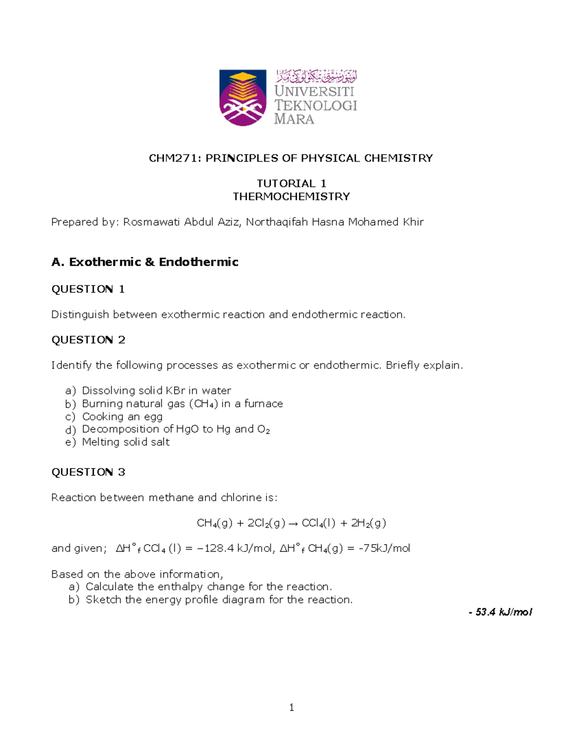Chm271 Tutorial 1 Understanding Thermochemistry Concepts Studocu