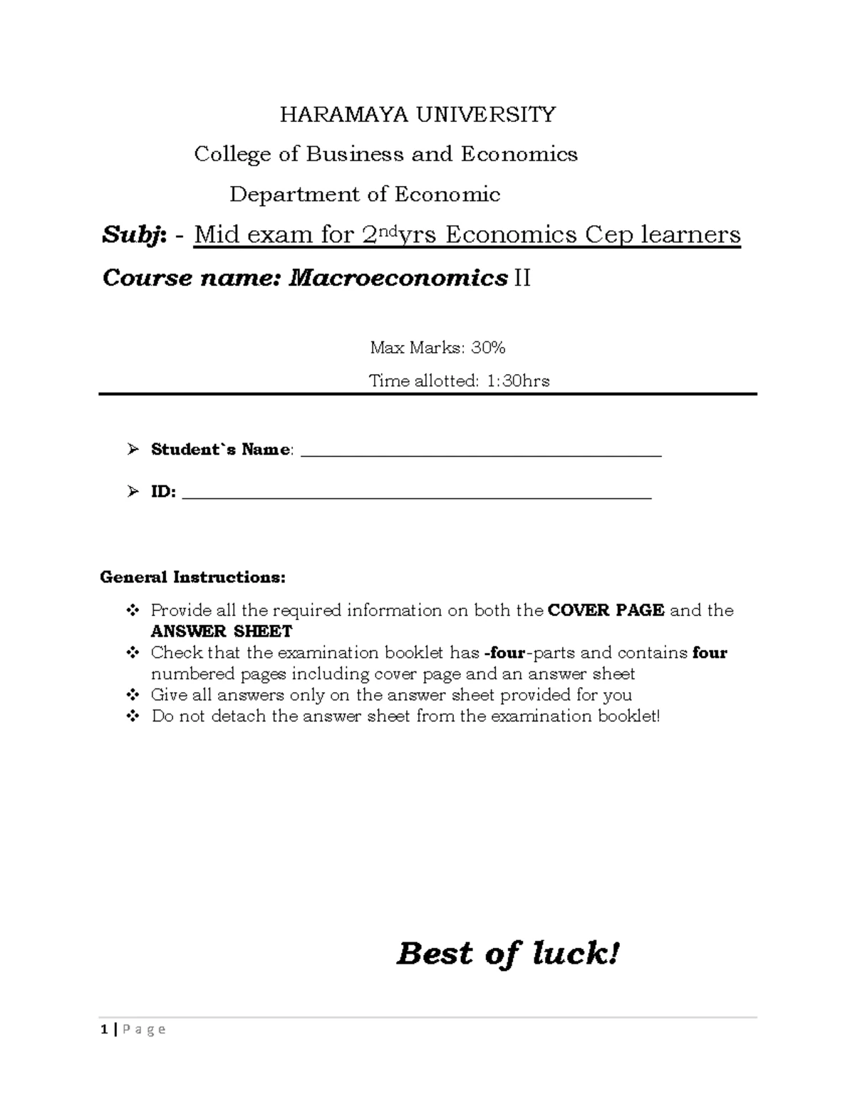 Introduction to Economics final exam for Freshman Natural Science Strem ...