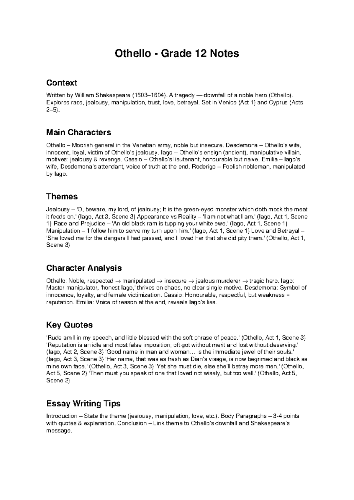 Othello Grade 12 Notes: Themes, Characters, and Analysis - Studocu