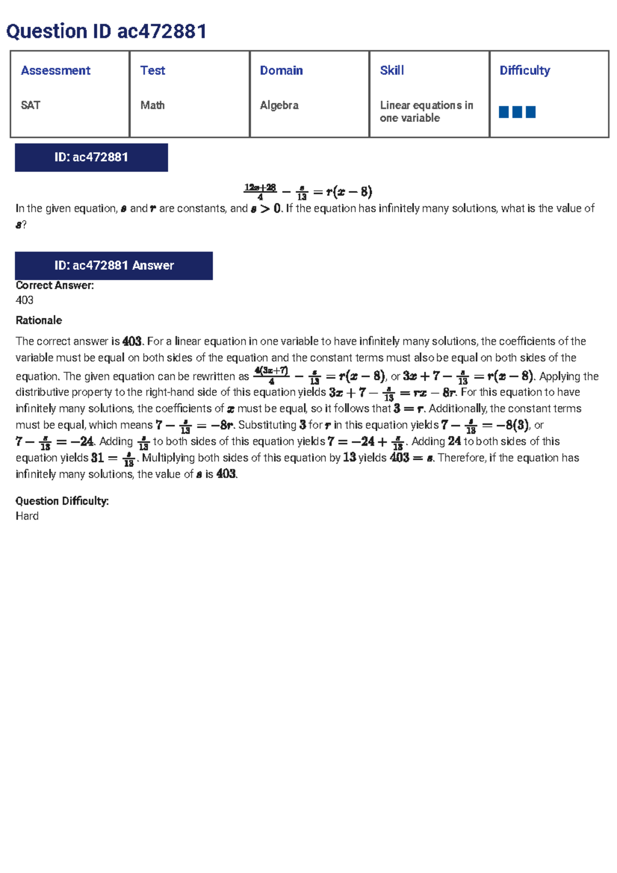 Assessment Test: SAT Math Algebra - Linear Equations & Inequalities ...
