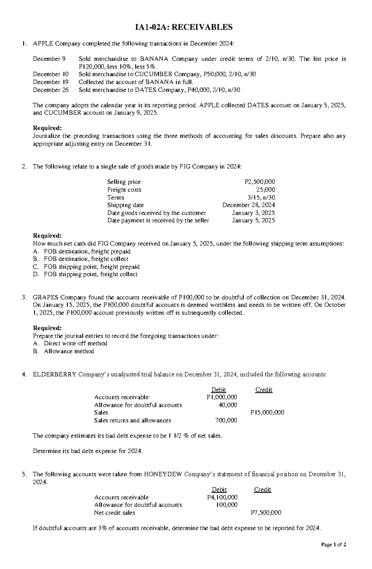 IA1-02A Receivables - INTACC 1 - IA1- 0 2A: RECEIVABLES Page 1 of 2 1. APPLE Company completed ...
