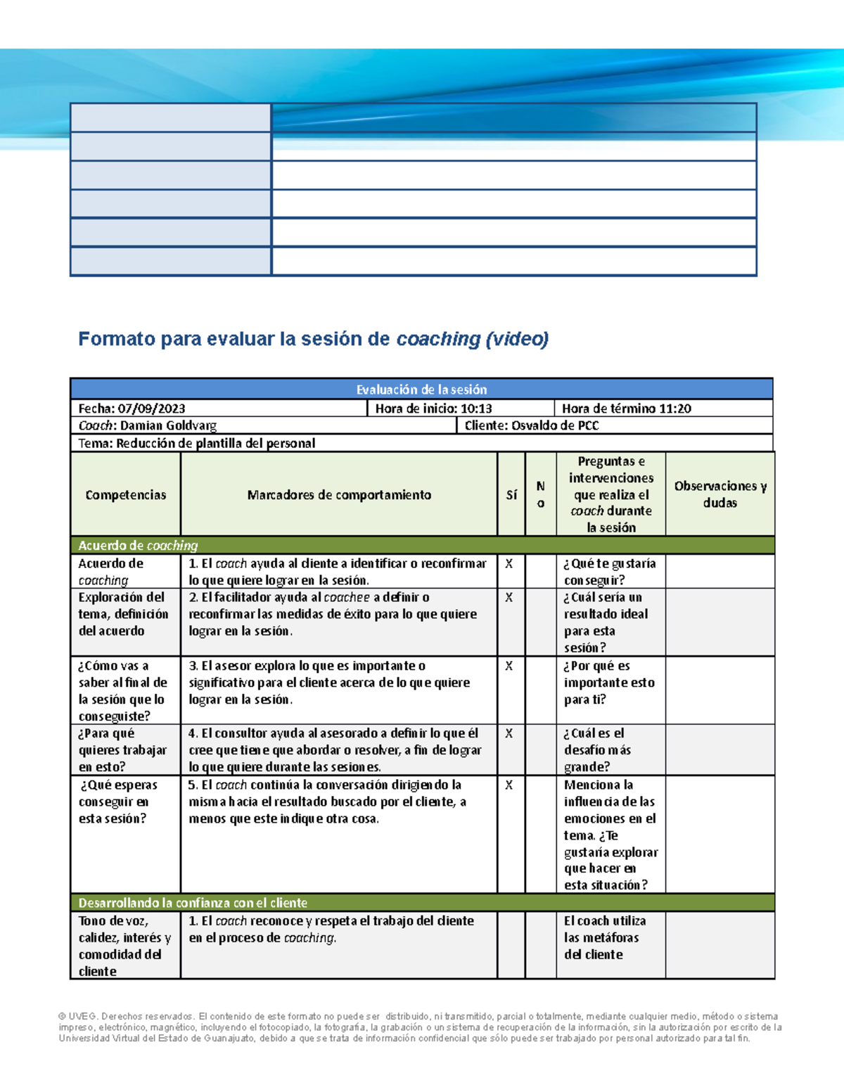 Formato para Evaluar Sesiones de Coaching: Intervención Integral - Studocu