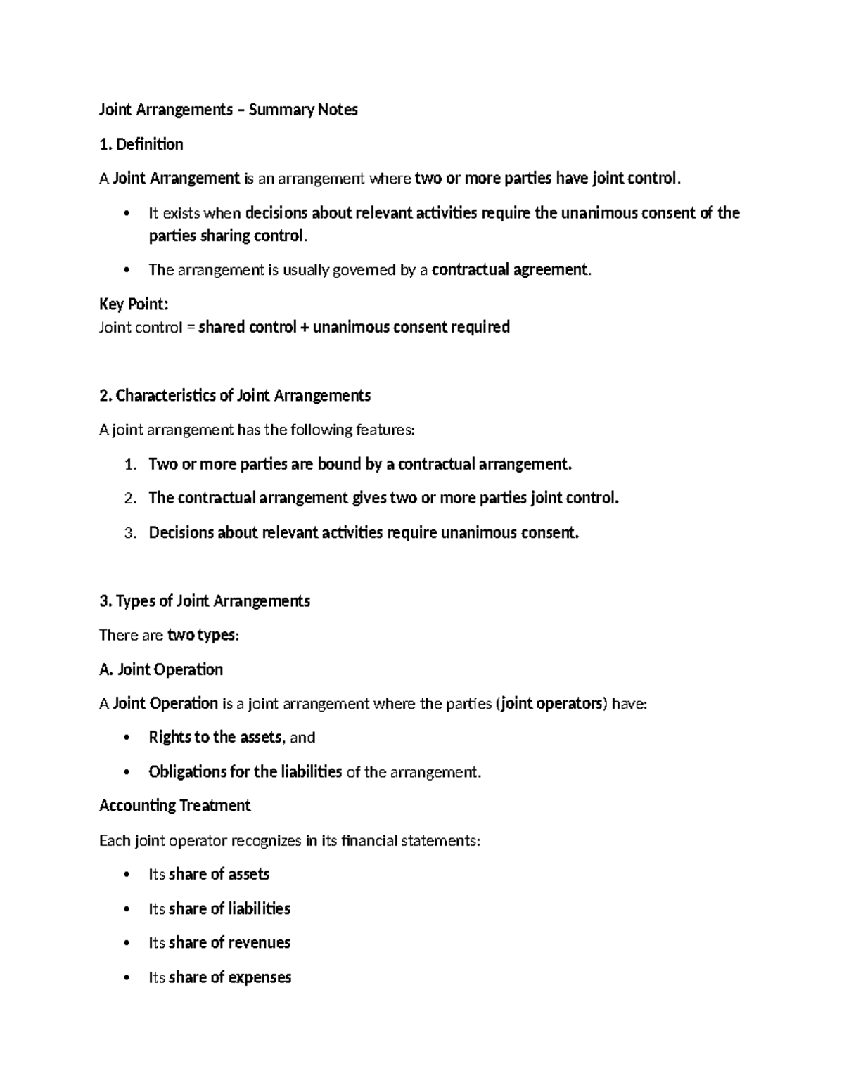 Joint Arrangements Summary Notes: Key Features & Types - Studocu