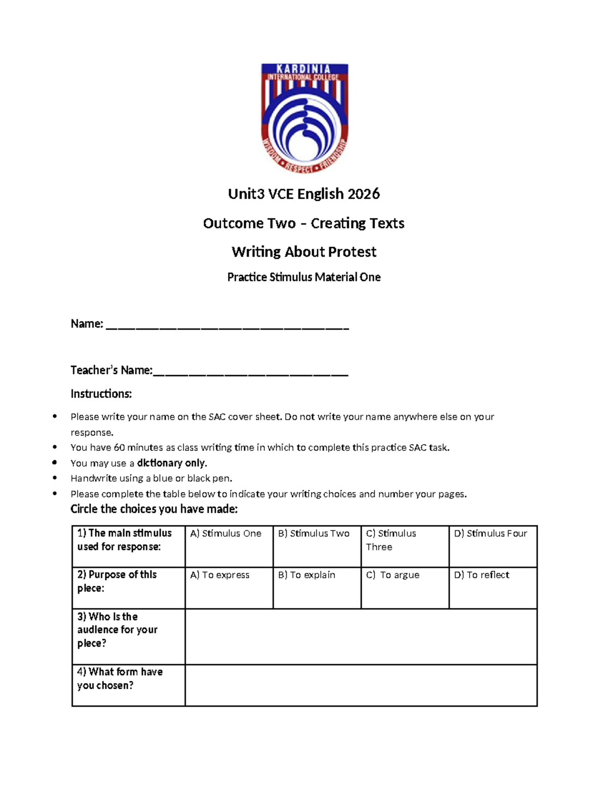 Unit 3 VCE English 2026 Outcome 2: Writing About Protest Practice SAC ...