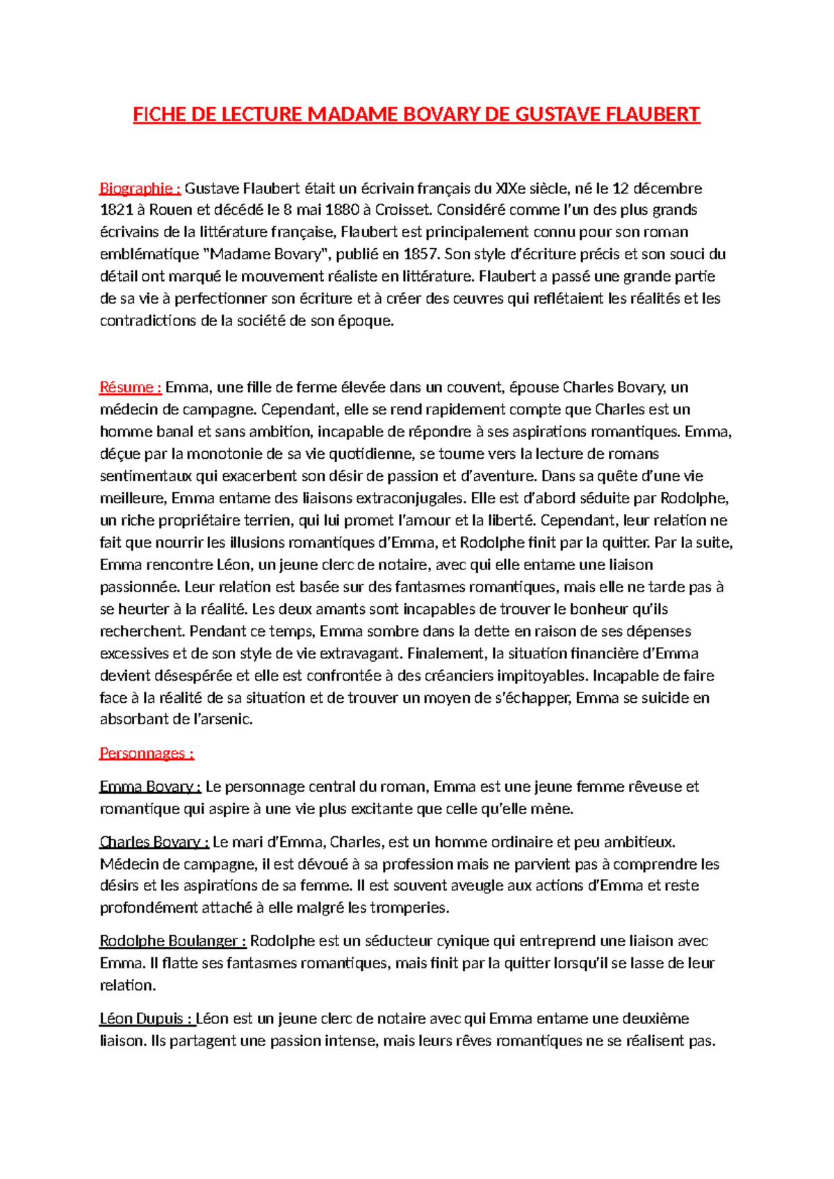 Fiche de Lecture : Madame Bovary de Gustave Flaubert - Analyse et ...