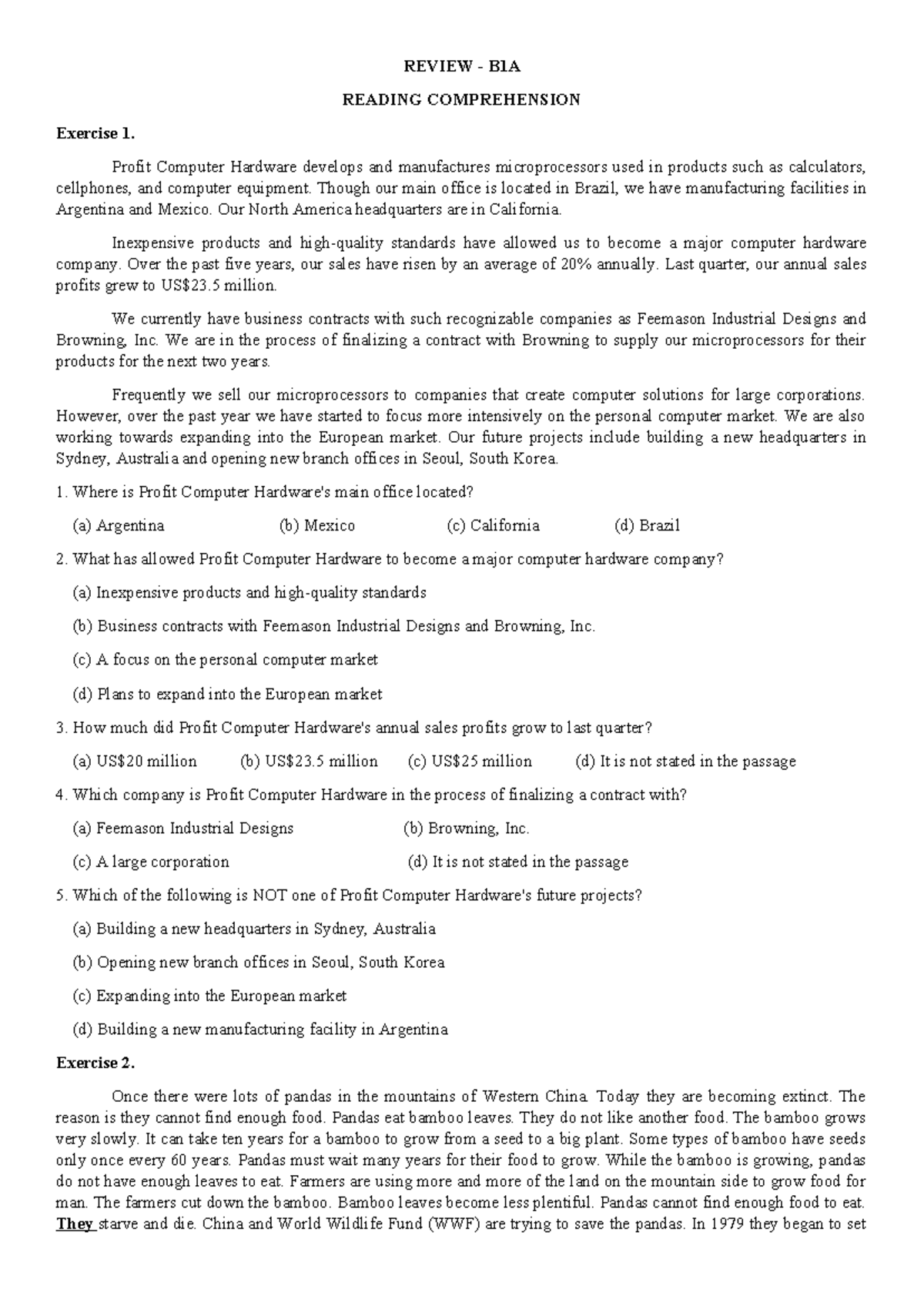 Review Exercises - B1B - Final Exam Reading Comprehension - Studocu