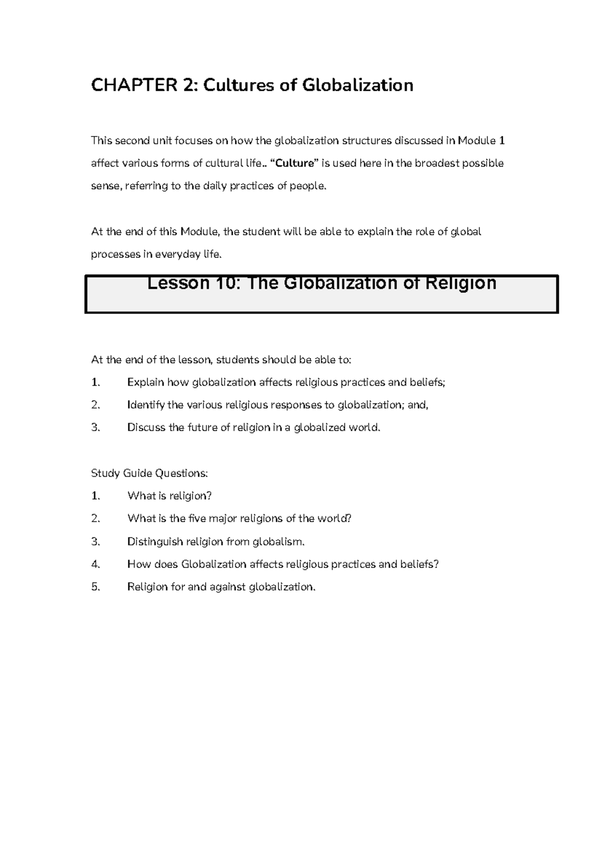 Lesson 10 Globalization of Religion - CHAPTER 2: Cultures of ...