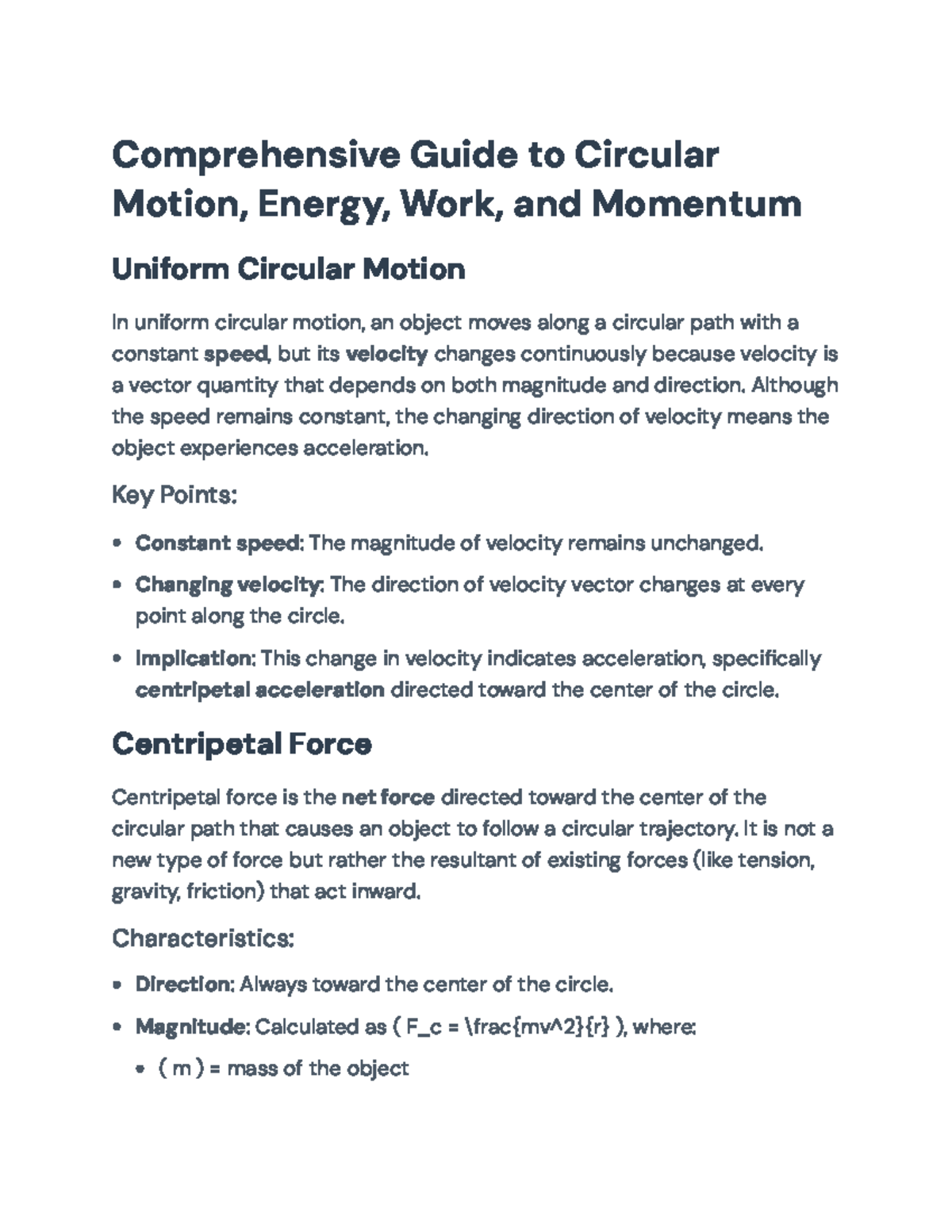 Comprehensive Study Guide: Circular Motion, Energy, Work & Momentum ...