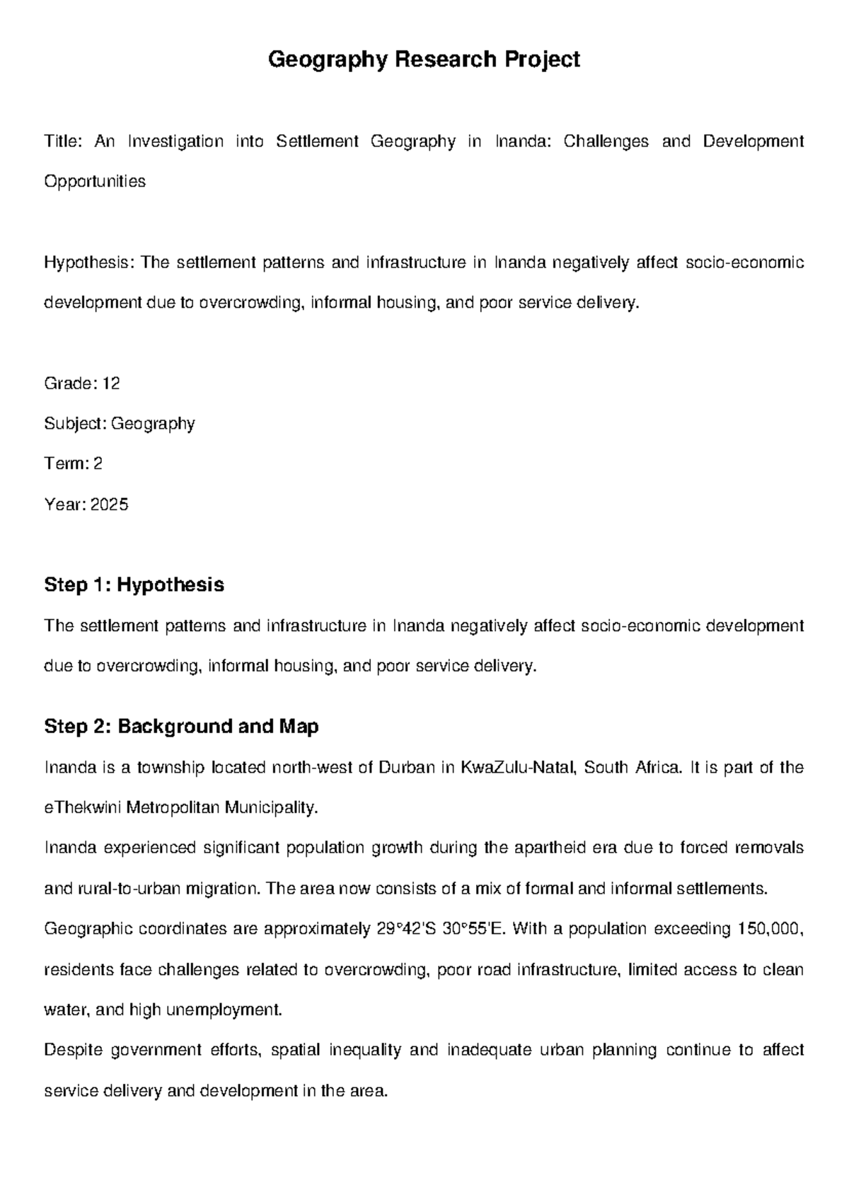 Geography Research Project: Settlement Challenges in Inanda (Grade 12 ...