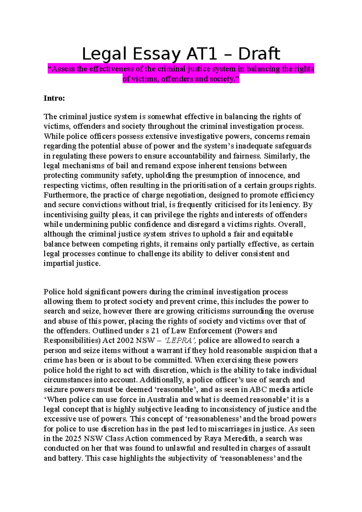 Legal Essay AT1 Draft: Effectiveness of Criminal Justice System in ...