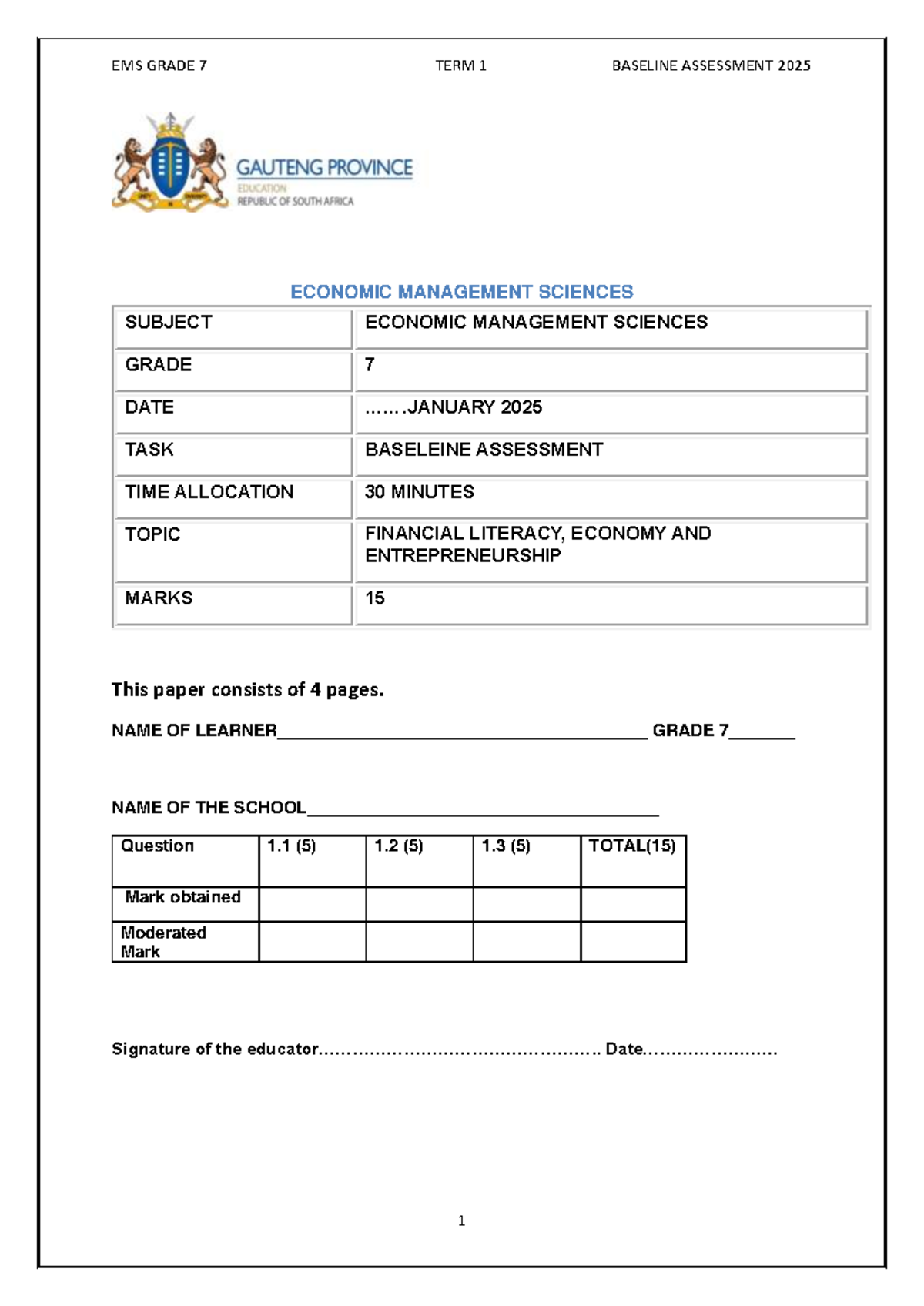 EMS GRADE 7 TERM 1 BASELINE ASSESSMENT 2025: FINANCIAL LITERACY - Studocu