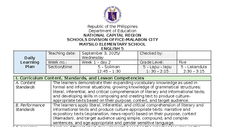 Daily Learning Plan: English 5 Week 1 Day 2 - Maysilo Elementary School ...