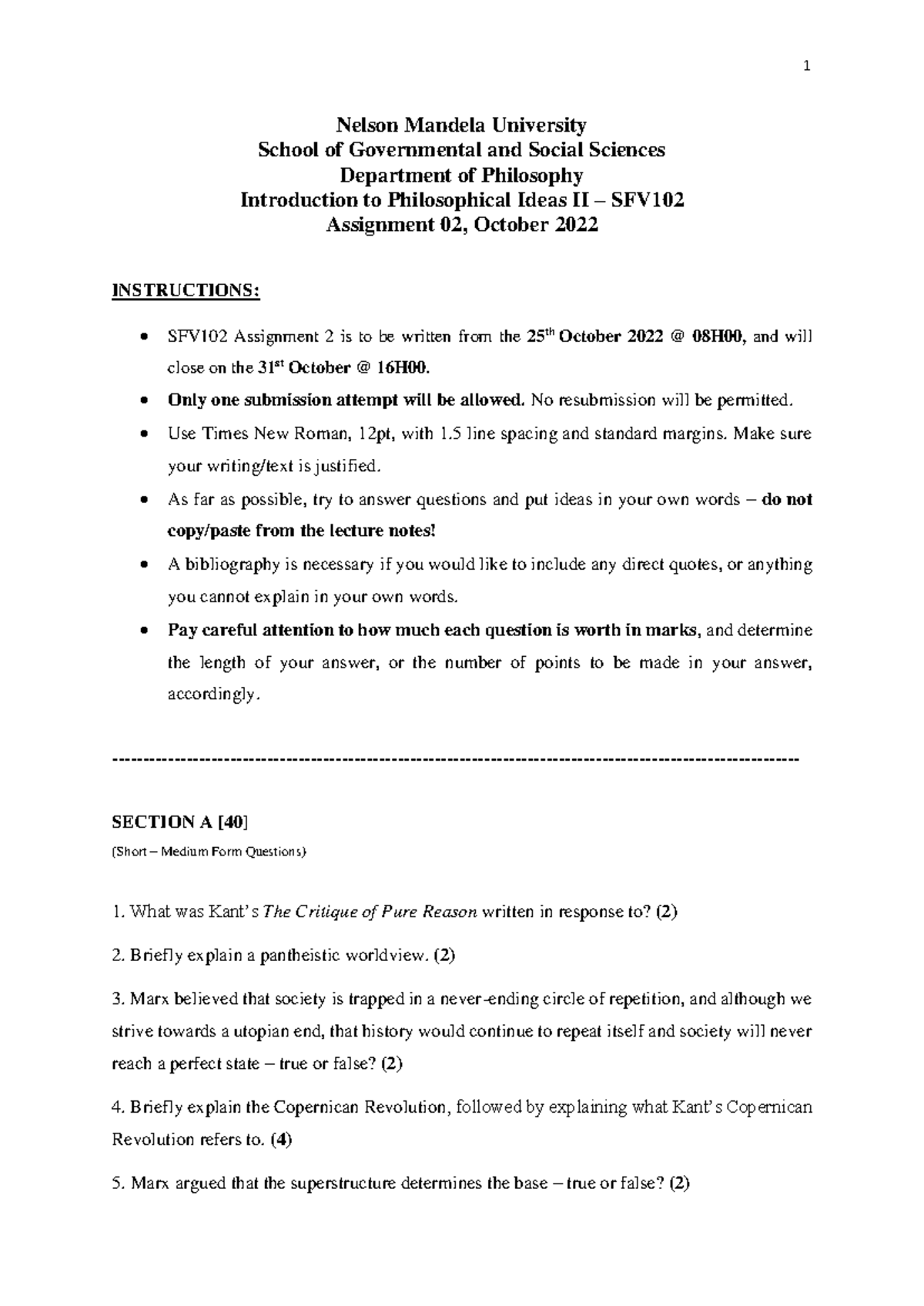 SFV102 Assignment 02 Question Paper: Intro to Philosophical Ideas II ...