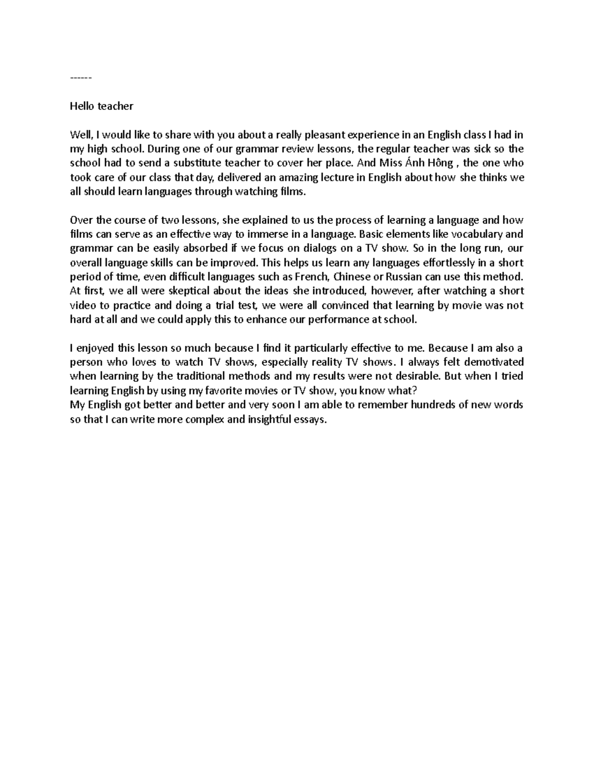 Hello teacher - Speaking record video classroom - Hello teacher Well, I ...