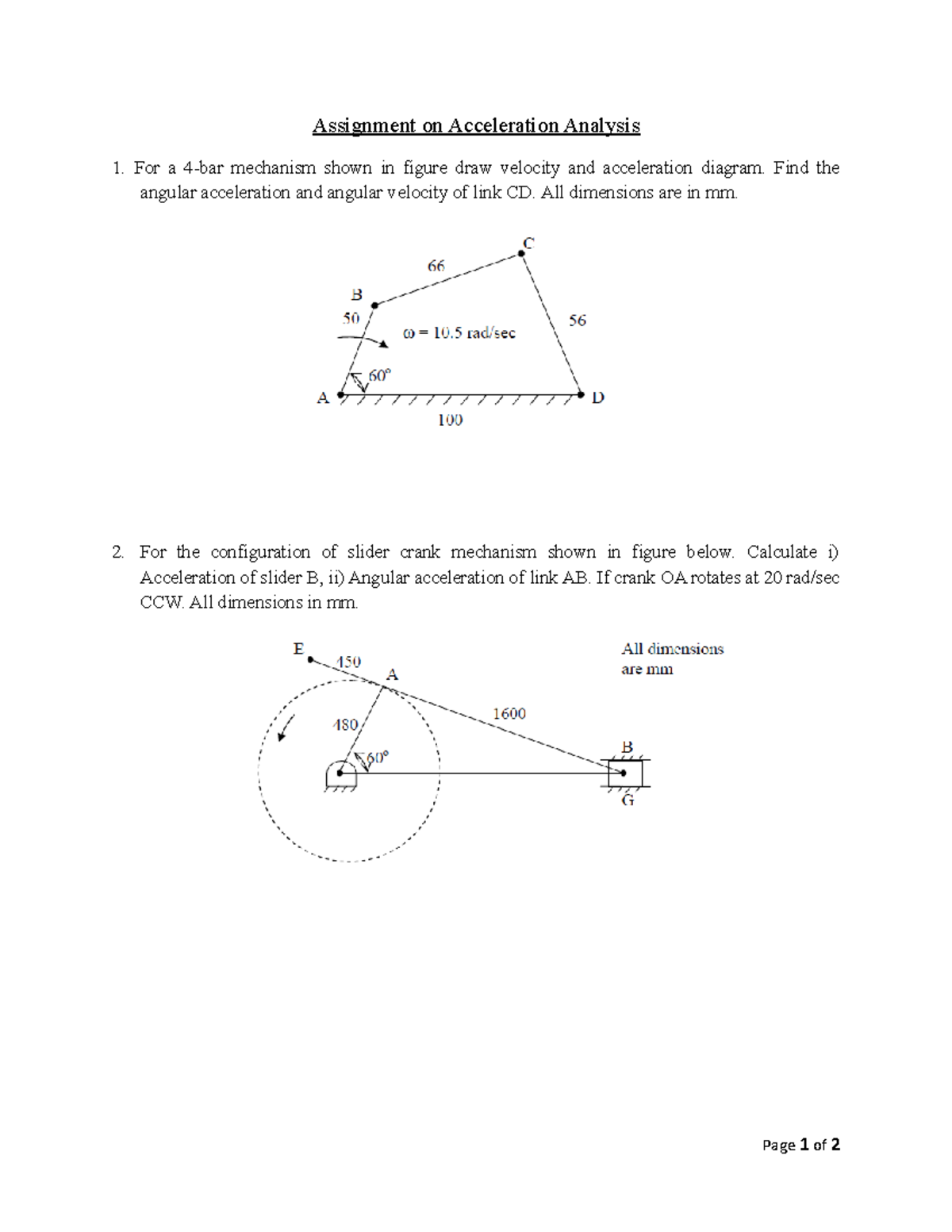 Acceleration Analysis Problems in 4-Bar & Slider Crank Mechanisms - Studocu