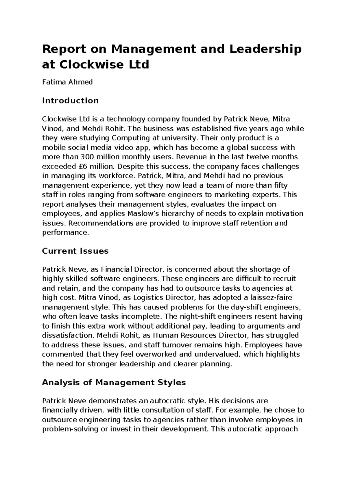 Management & Leadership Analysis Report: Clockwise Ltd - Studocu