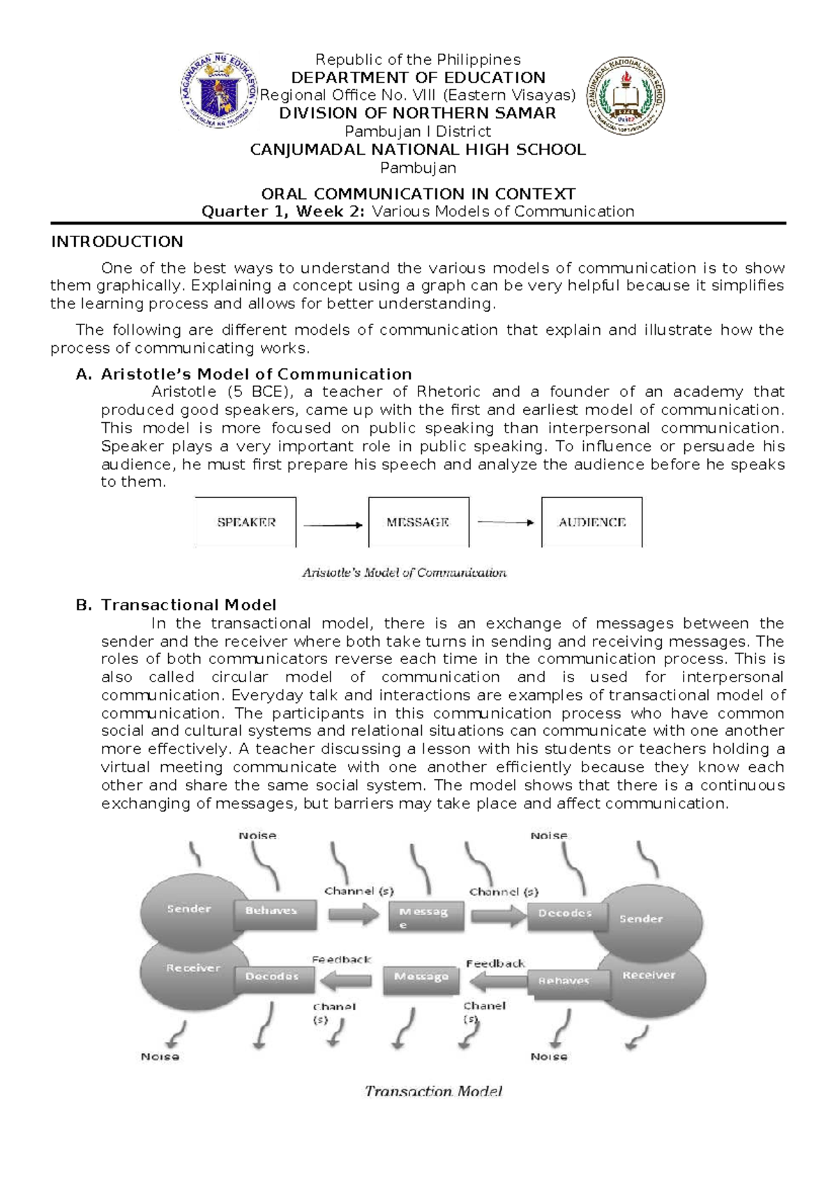 Oral Communication in Context (Quarter 1, Week 2): Models of Communication - Studocu