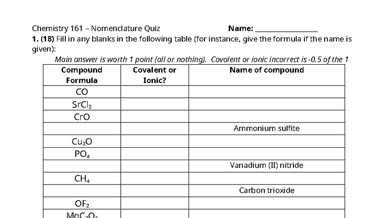 Chemistry 161 Nomenclature Quiz - Fall 10 - Studocu
