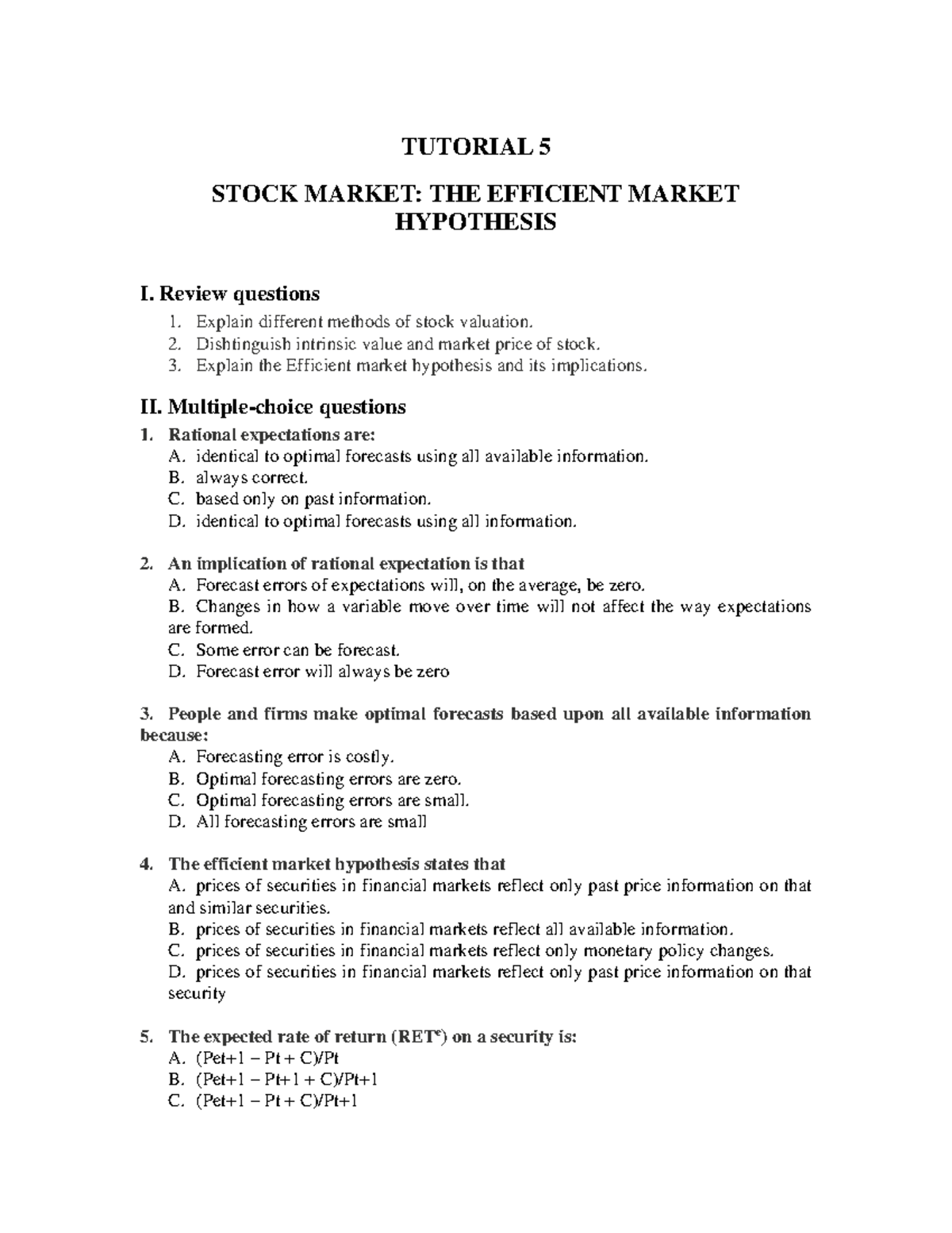 Tutorial 5: Stock Market & Efficient Market Hypothesis Review Questions ...