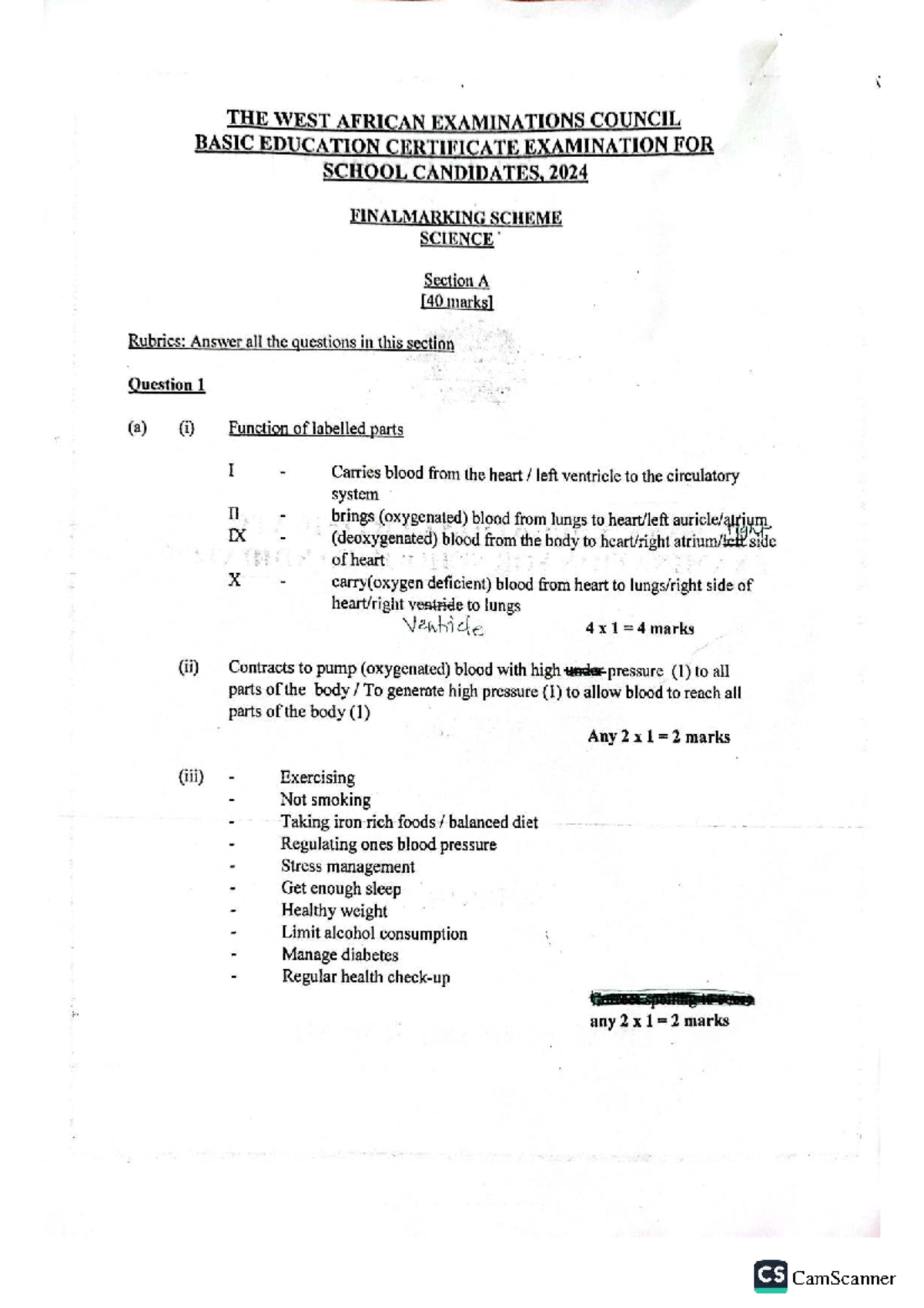 BECE 2024 Final Exam Science Marking Scheme - Studocu