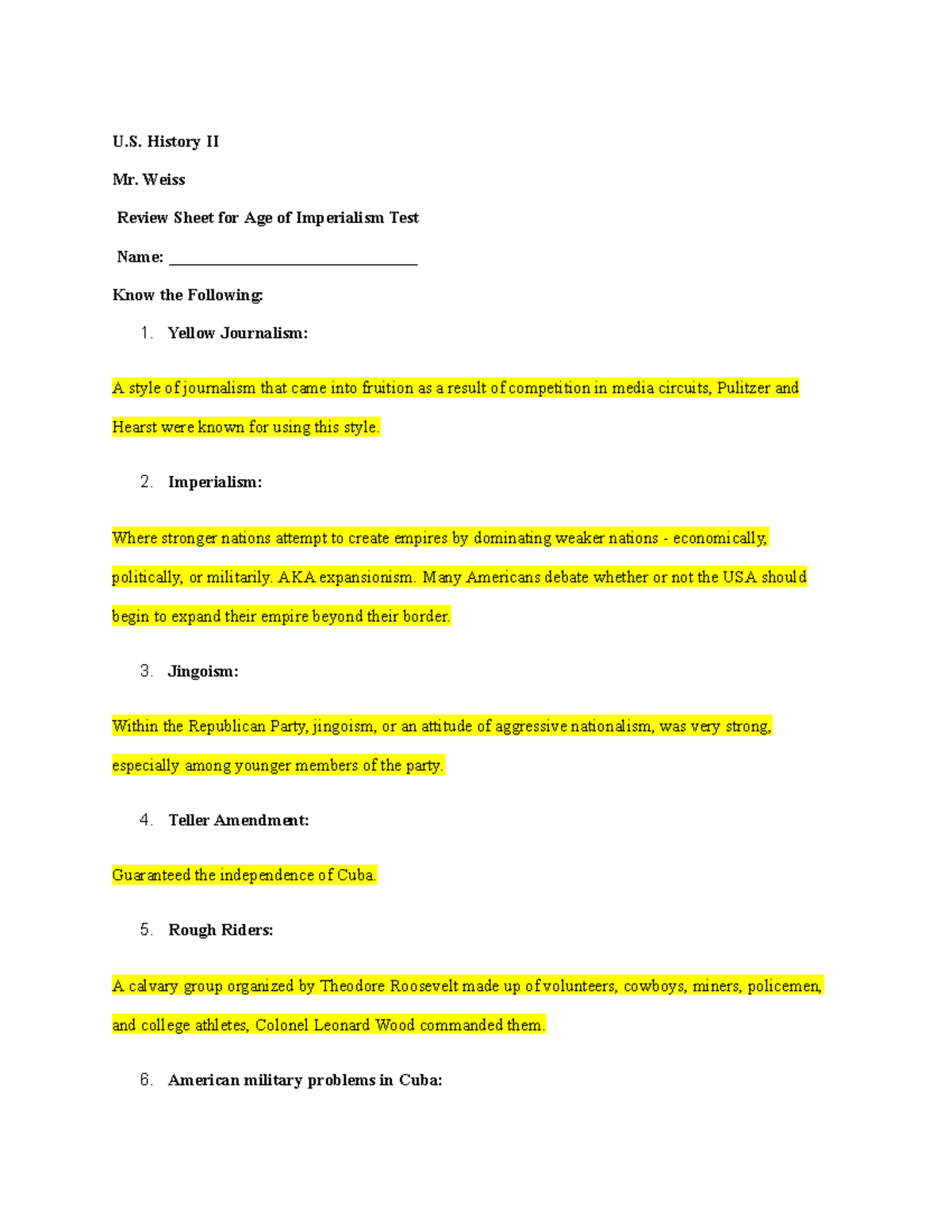 U.S. History II Review Sheet: Age of Imperialism Test Prep - Studocu