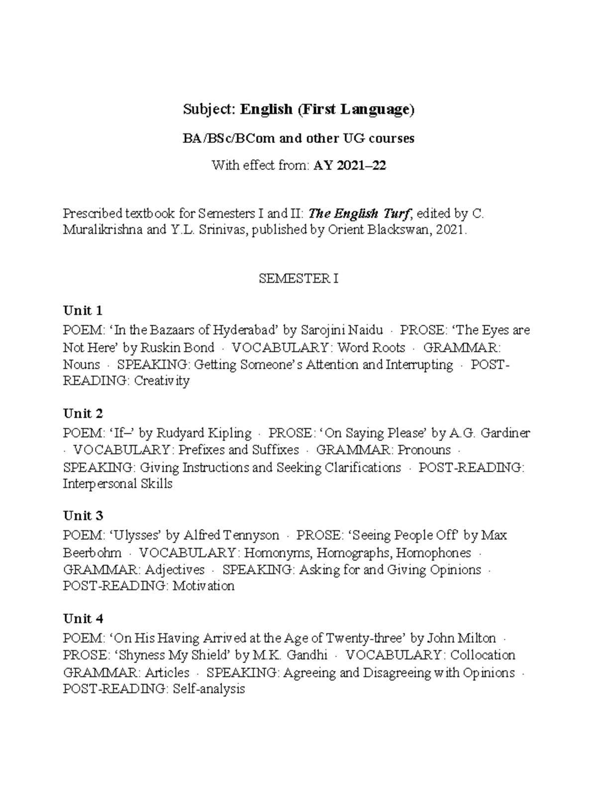 English - BA/BSc/BCom UG Course Semester I & II Summary Guide - Studocu