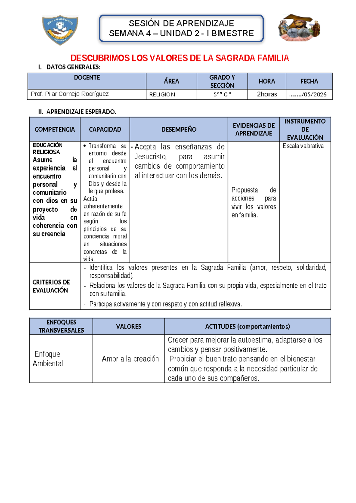 SESION DE APRENDIZAJE SEMANA 4 UNIDAD 2 RELIGION 5TO - VALORES DE LA ...