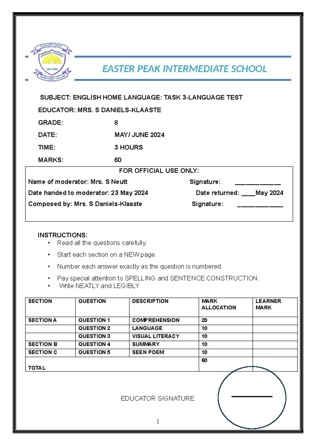 Grade 8 English HL Term 2 June Exam and Memorandum - Studocu