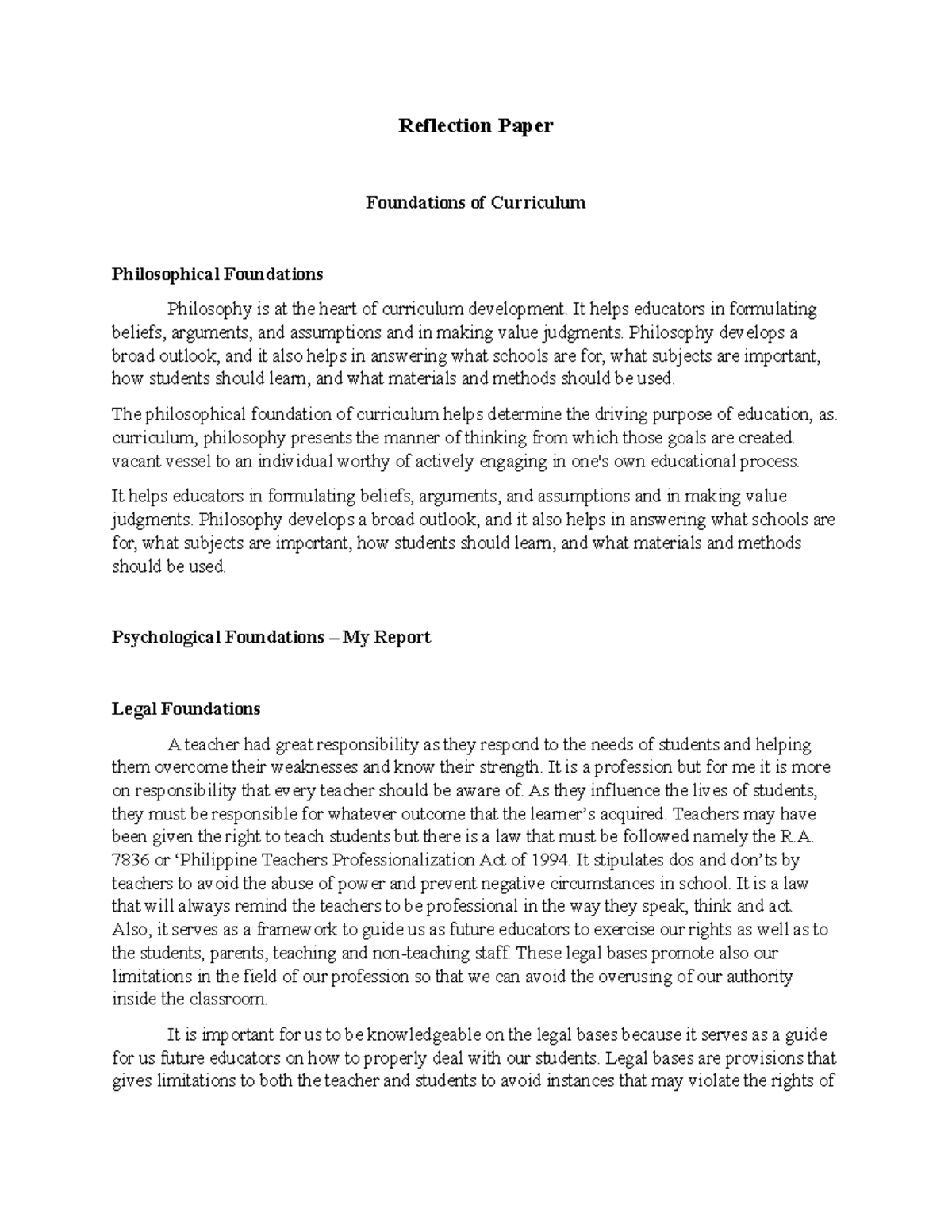 01Action research - Reflection Paper Foundations of Curriculum ...