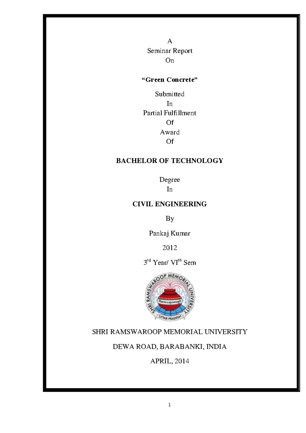 Green Concrete Seminar Report for B.Tech in Civil Engineering (3rd Sem ...