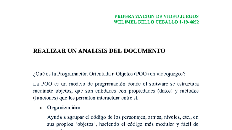 PROGRAMACION DE VIDEOJUEGOS: ANÁLISIS DE POO EN DESARROLLO DE JUEGOS ...