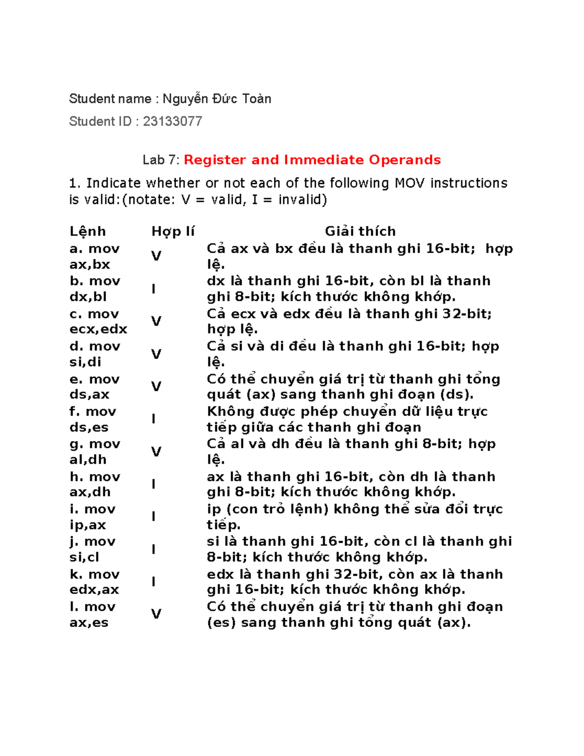 Lab 7 - Validity of MOV Instructions in Register Operations - Studocu