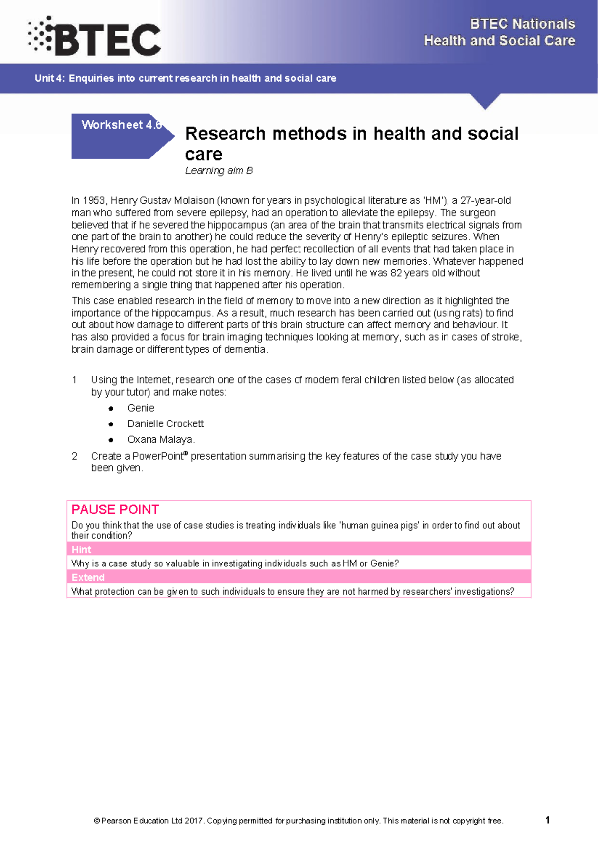 Unit 4: Research Methods in Health & Social Care - Worksheet 4.6 - Studocu