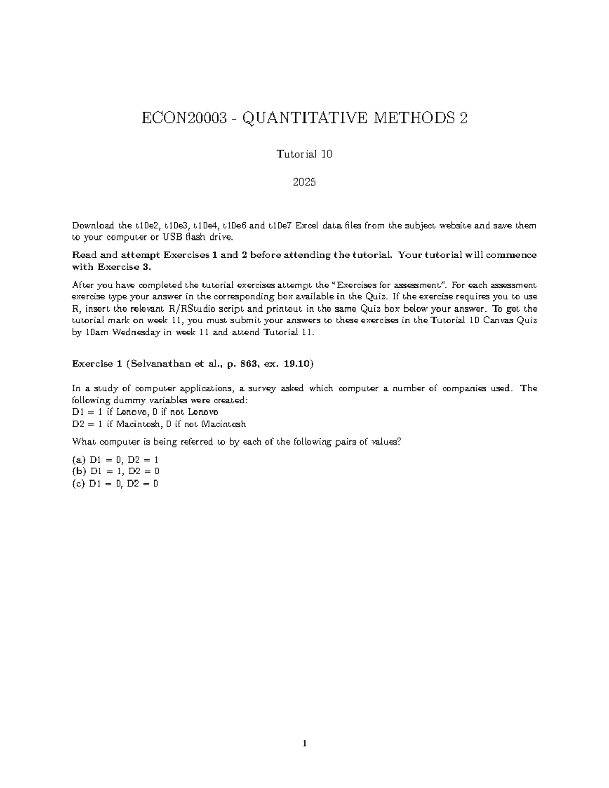 QUANTITATIVE METHODS 2 Tutorial 10: Exercises & Data Analysis Guide - Studocu