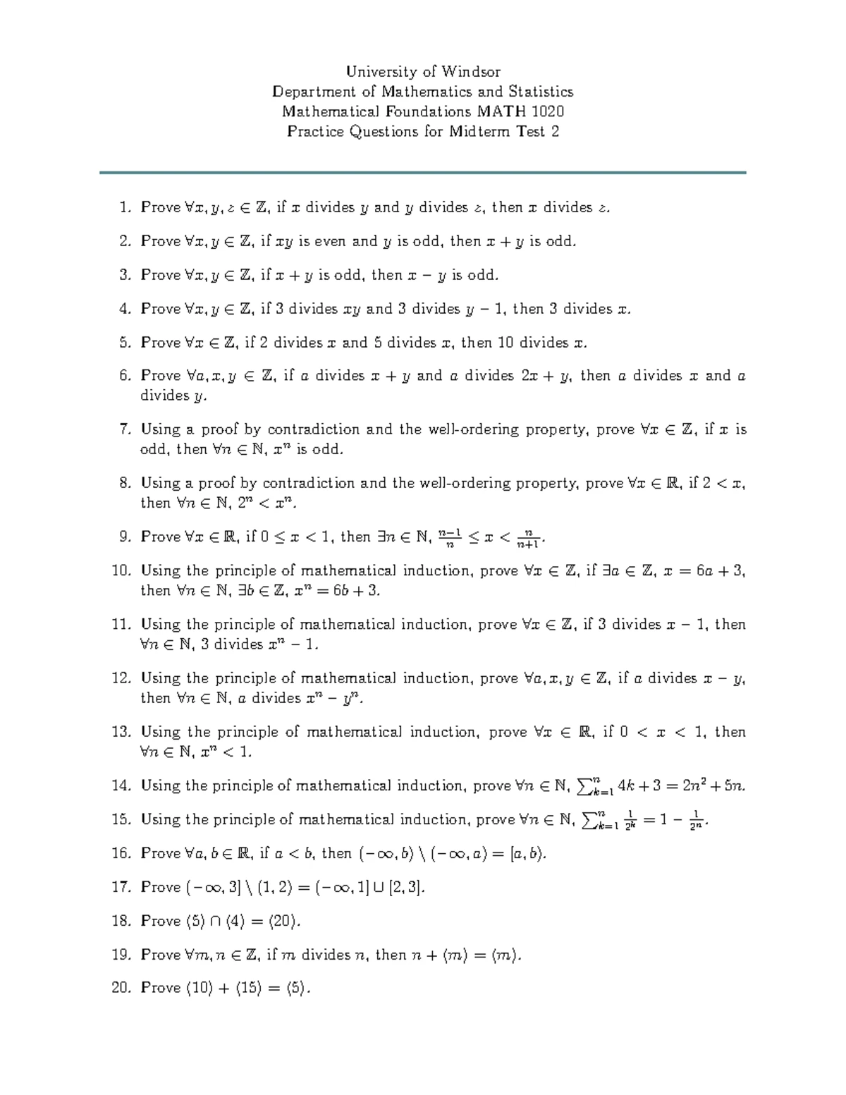 Mathematical foundations MATH 1020 practice questions for midterm test ...