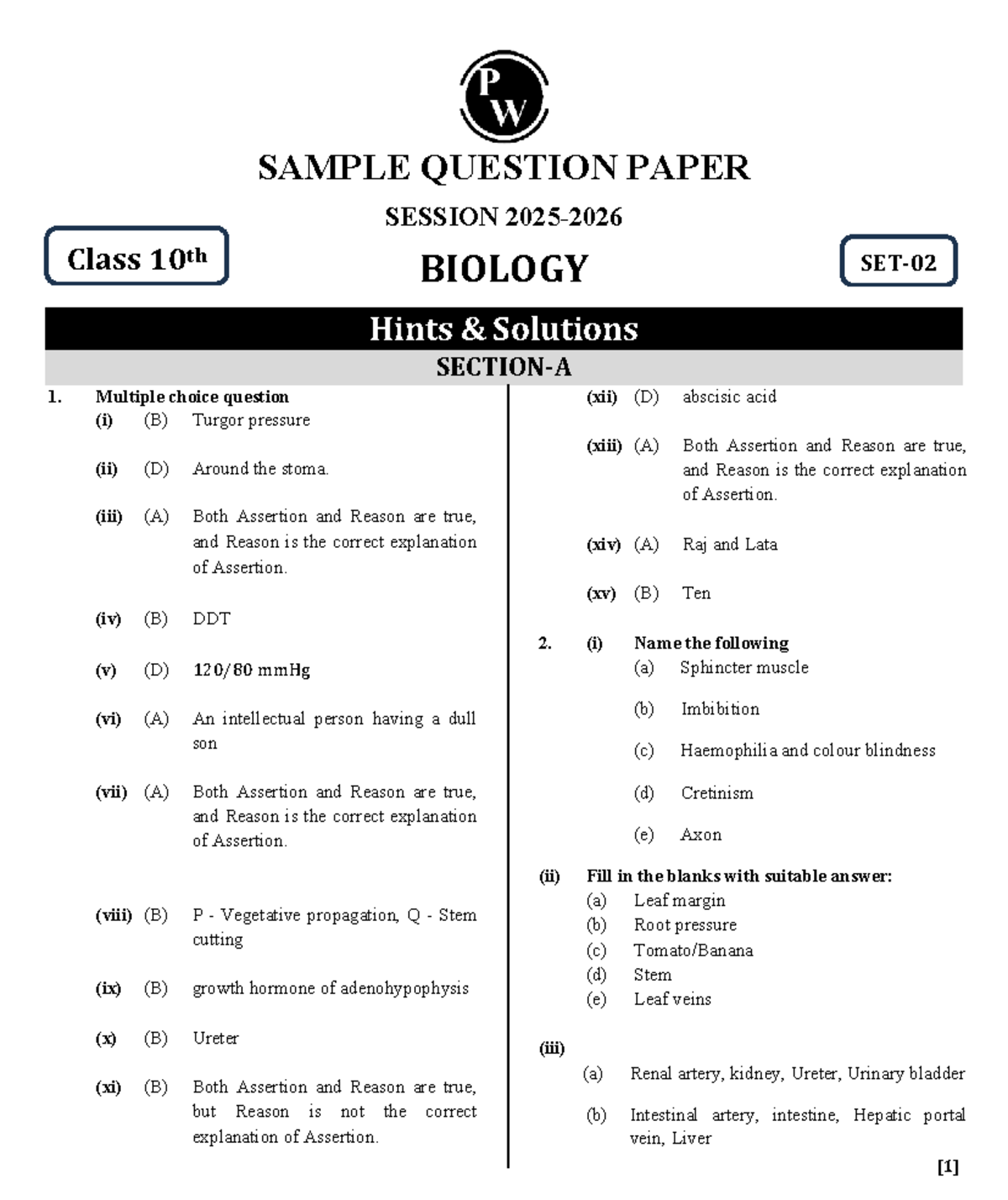 Class 10 BIOLOGY Sample Question Paper with Hints & Solutions - Studocu
