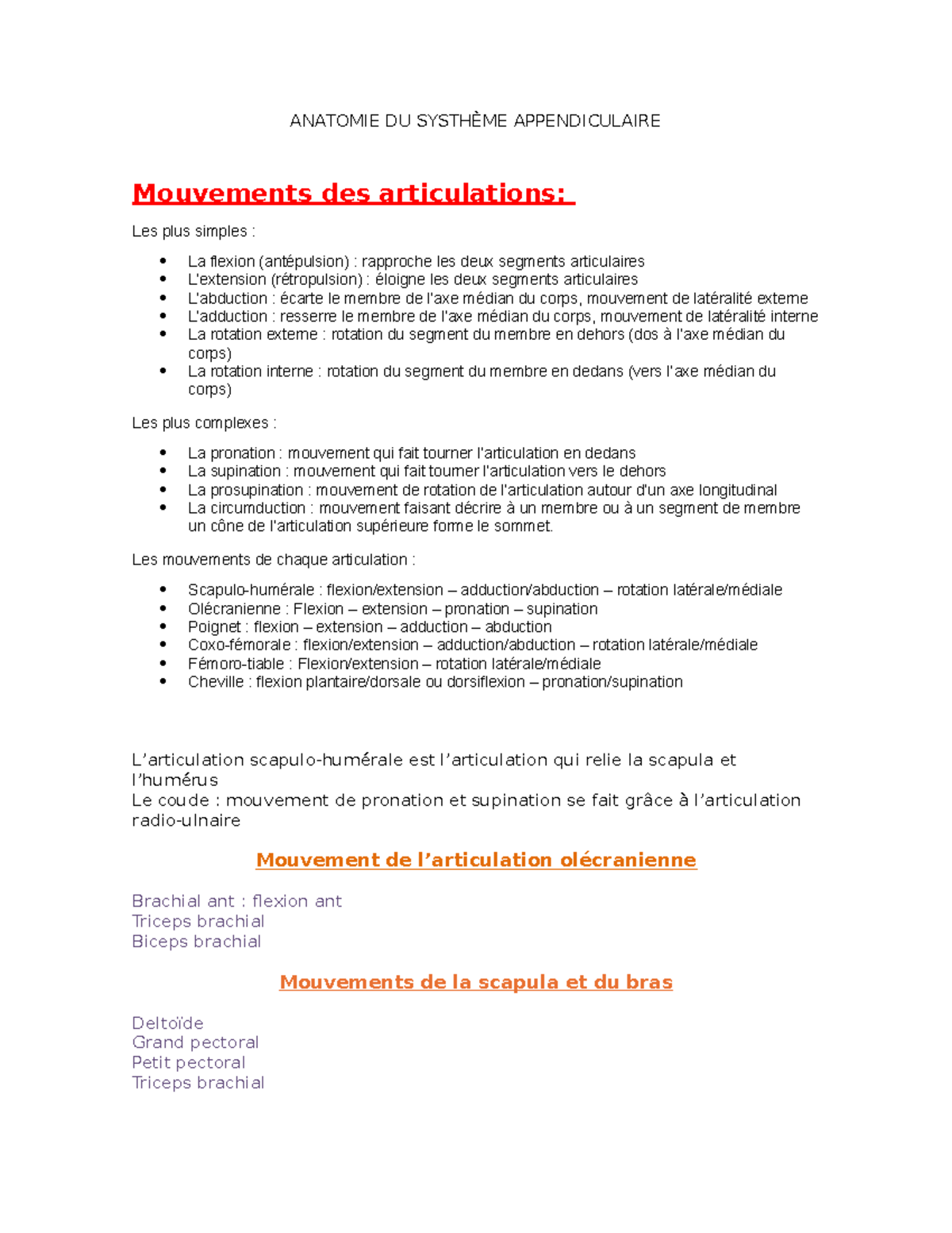 ANATOMIE DU SYSTHÈME APPENDICULAIRE: Mouvements des Articulations - Studocu
