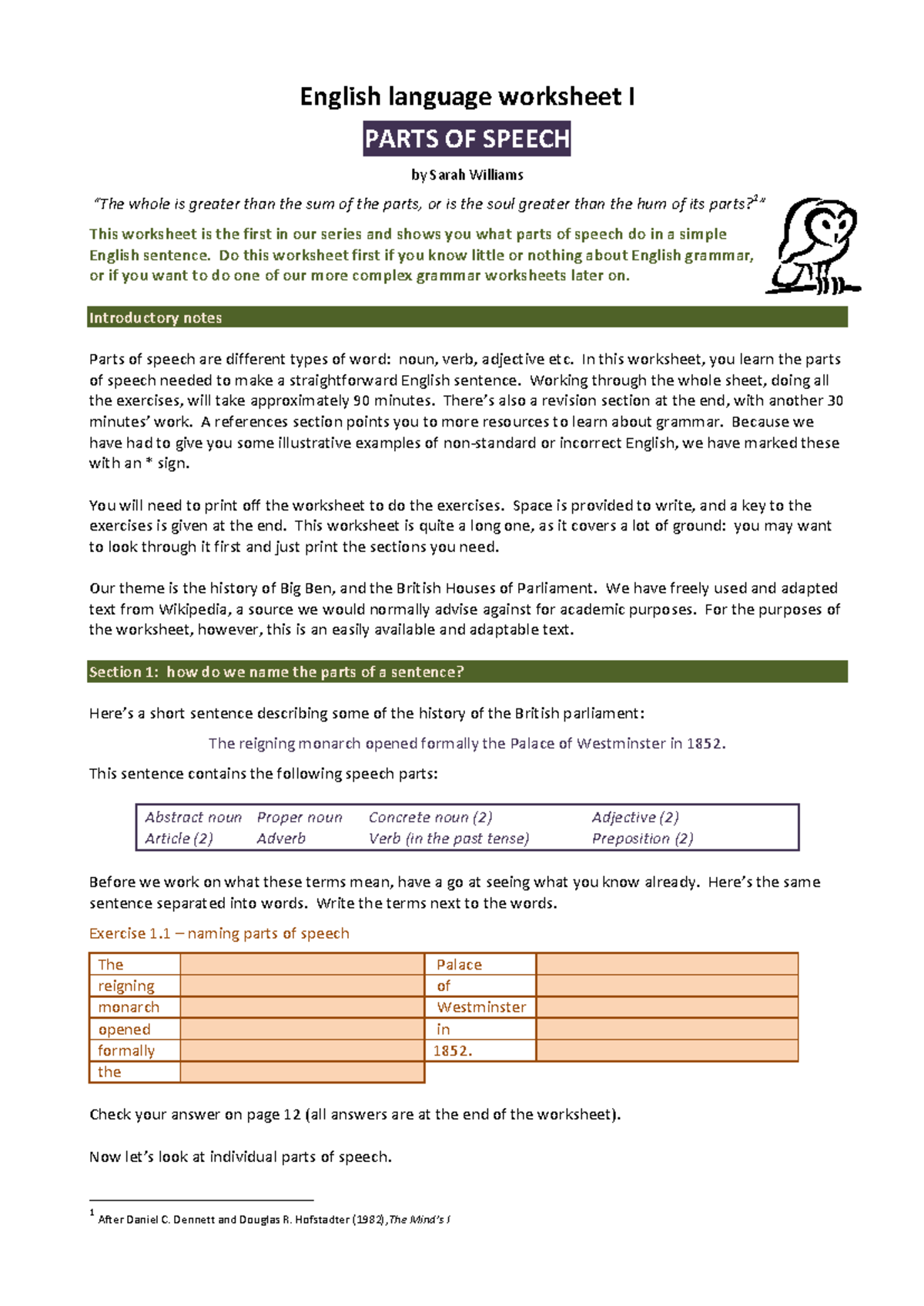 Parts of Speech: An Introductory Worksheet on Grammar Concepts - Studocu