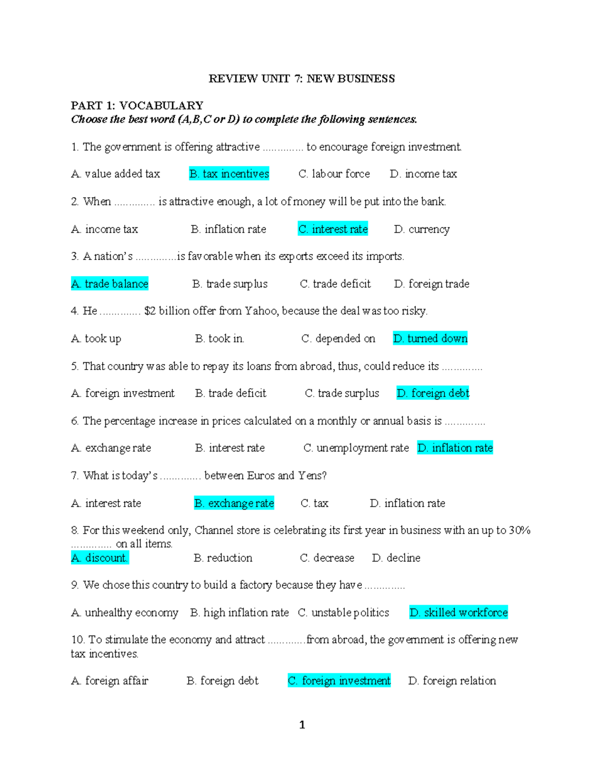 REVIEW UNIT 7: NEW BUSINESS VOCABULARY & GRAMMAR EXERCISES - Studocu