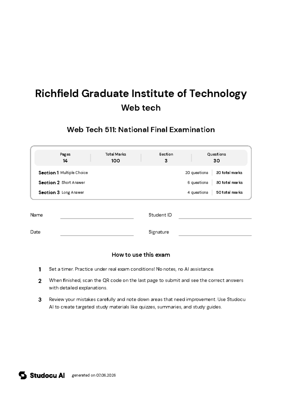 Web Tech 511: National Final Exam - Studocu