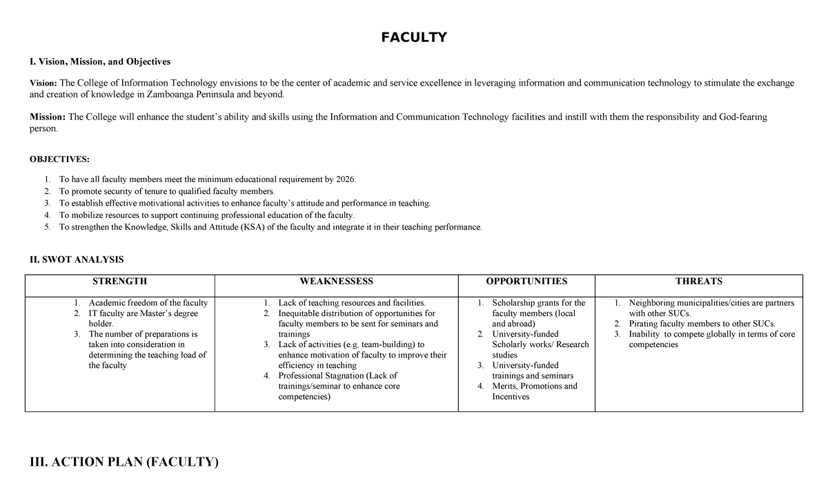 Faculty Development SWOT Analysis and Action Plan (SY 2021-2026) - Studocu