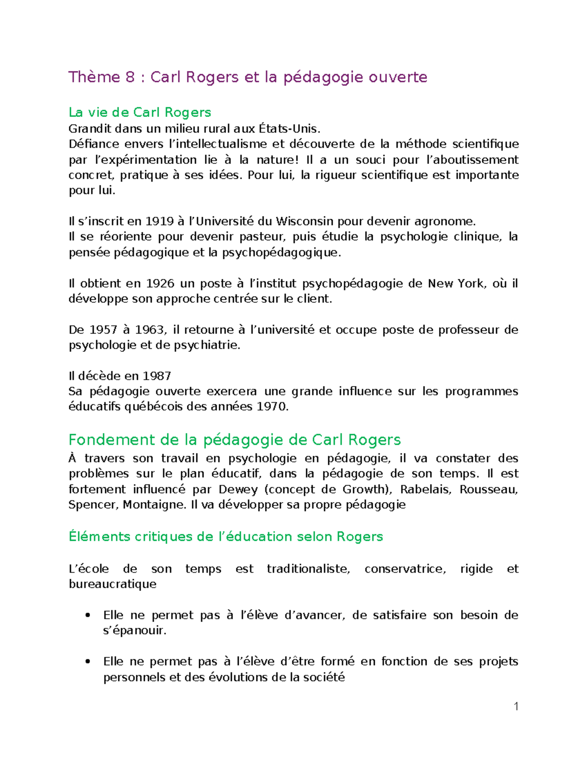 Notes de cours RODGERS et FREIRE - Thème 8 : Carl Rogers et la ...