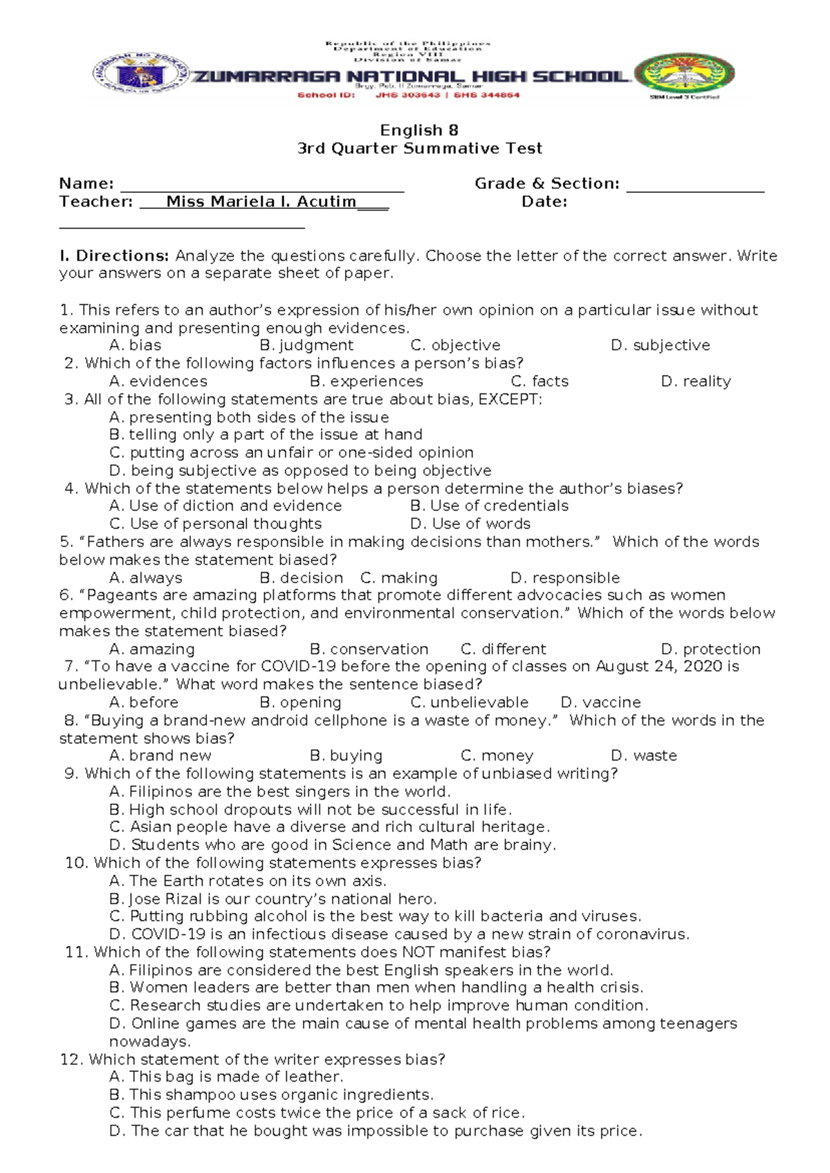 English 8 Q3 Summative Test: Understanding Bias and Propaganda ...