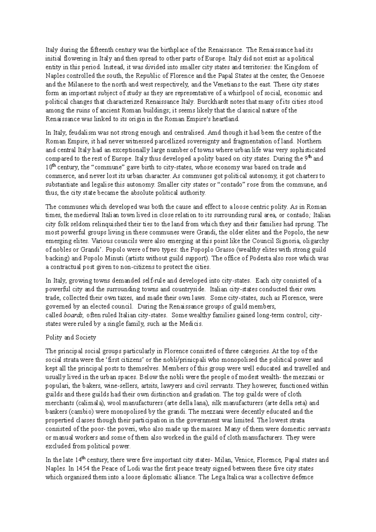 Social and Political Dynamics in Renaissance Italy (HIST 201) - Studocu