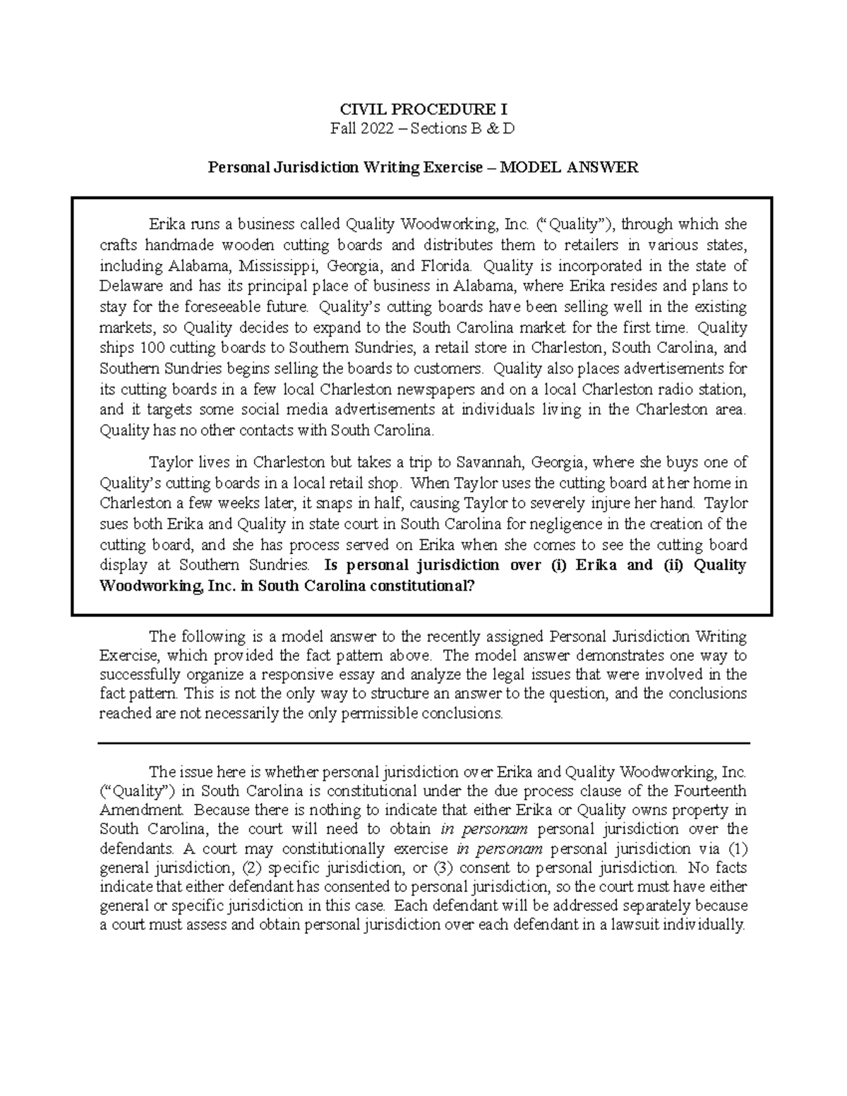 Civil Procedure I - Personal Jurisdiction Writing Exercise Model Answer - Studocu