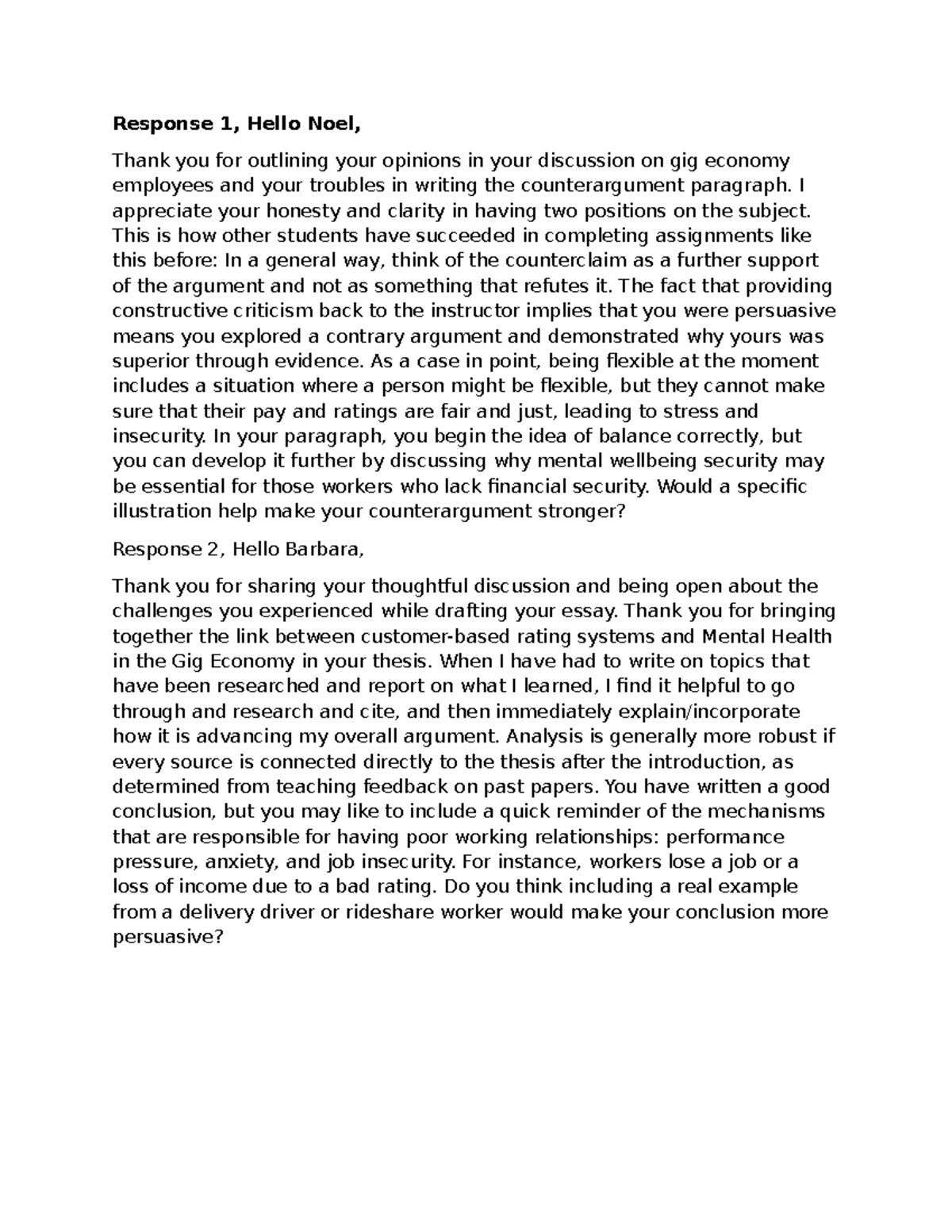 Response 1 - Feedback on Gig Economy Essay Drafts - Studocu