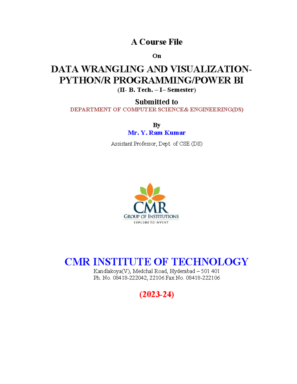 Labmanual of dwdv - notes - A Course File On DATA WRANGLING AND ...