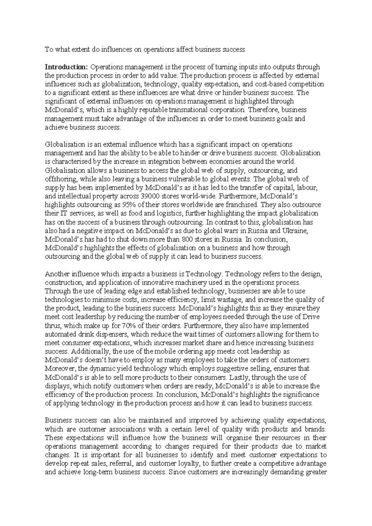 Impact of Operations Influences on Business Success: A McDonald's Case ...
