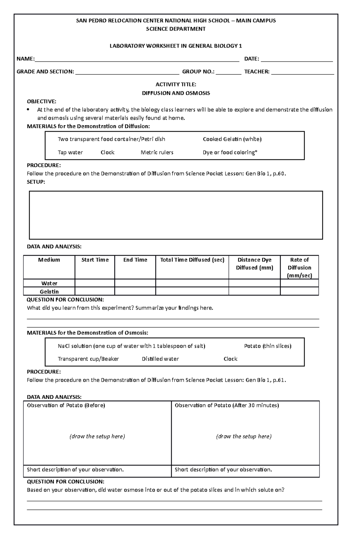 Worksheet Gen-Bio-1: Exploring Diffusion and Osmosis Lab Activity - Studocu